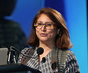 This is a photo of Mahzarin Banaji giving the keynote address at the ...